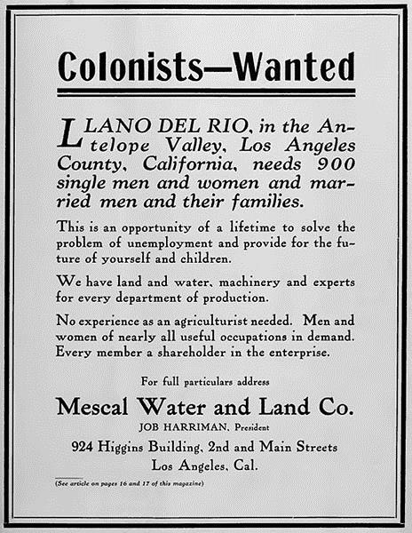 Colonists Wanted: The Story of the Llano del Rio Commune of LA County